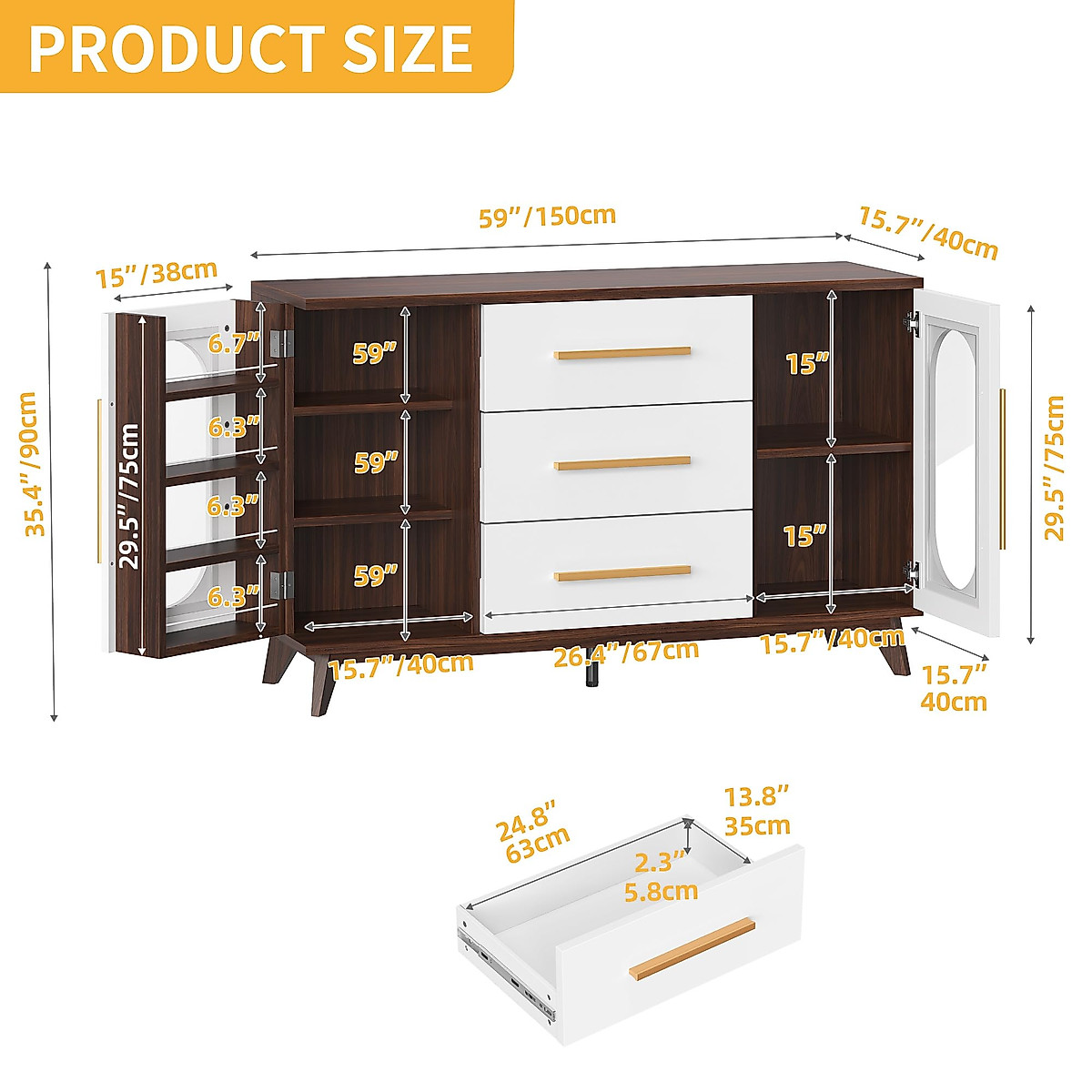 DWVO Storage Cabinet, 59'' Sideboard Buffet Cabinet with Storage, Coffee Bar Cabinet with 3 Drawers, 2 Glass Doors, Capacity 300 lbs, Credenza for Kitchen, Living Room, White Brown