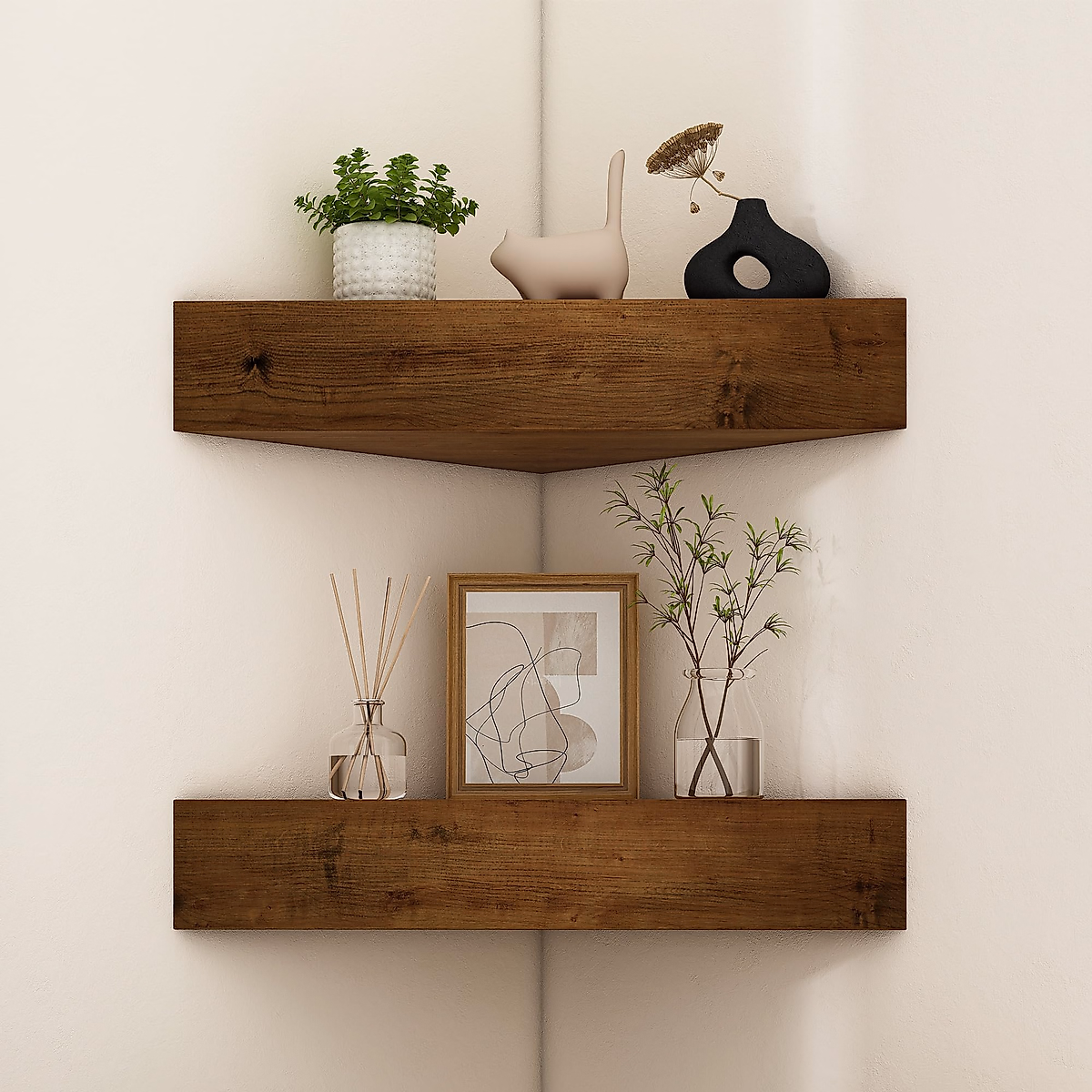 RIKNIO Wall Corner Floating Shelves,Wood Rustic Handmade Shelf - 12" x 12", Pack of 2 - Provincial