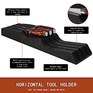 XYJ Drawer Kitchen Knife Holder PP+fiber Knife Stand With 3 Long slots 4 short slots Knives Block Black Non-slip Plastic Chef Knives Storage Organizer (Black)