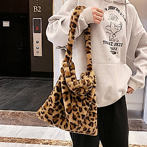 SUVIA Women Girls Fluffy Shoulder Bag Cute Bear Plush Handbag Flower Clutch Bag Leopard Underarm Bag Faux Fur Shopping Dating Cow Large Tote Handbag Purse (D: Brown Leopard)
