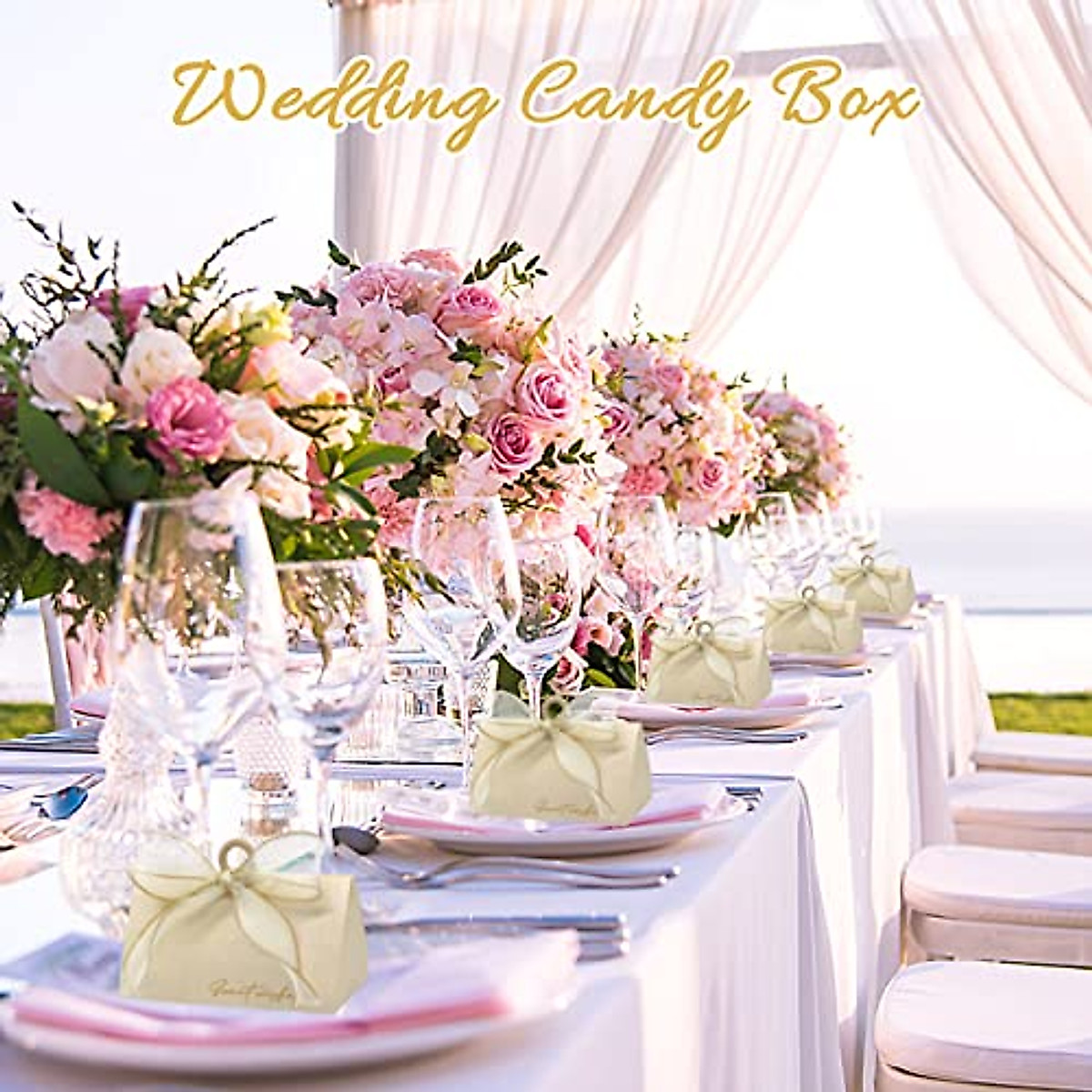 GLGHMH Wedding Candy Boxes, Beige Wedding Favor Boxes Chocolate Treat Gift Boxes,with Wooden Beads and Ribbon,for Wedding Bridal Shower Baptism Baby Shower Birthday Party Decoration Supplies(20pcs,S)