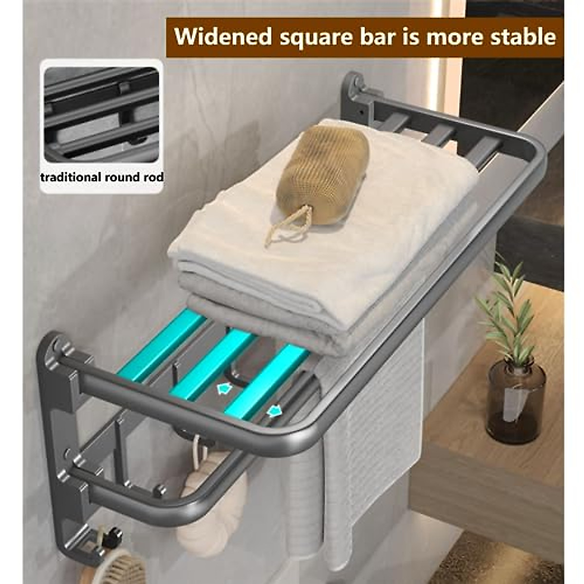 Noffeelink 24 Inch Towel Rack, Shower Towel Rack with Shelf, Towel Shelf for Bathroom, Bathroom Towel Rack with Hooks, Wall Mount Towel Rack No Drill and Screw Mounting (Black)