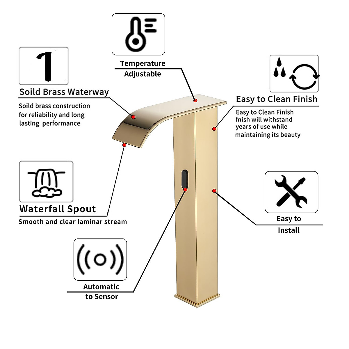 GGStudy Automatic Sensor Polished Gold Touchless Bathroom Vessel Sink Faucet Vanity Faucets Hands Free Waterfall Bathroom Water Tap with Control Box and Temperature Mixer
