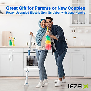 Electric Spin Scrubber, IEZFIX Electric Cleaning Brush Bathroom Shower Scrubber Cleaner Brush XL10W, Power Scrubber Long Handle with 7 Replaceable Scrub Brush Heads for Tub,Floor,Tile,Grout (Blue)