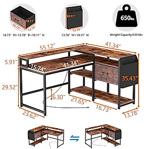 Loomie L Shaped Computer Desk with Power Outlets, 55"Wx41"D Reversible Corner Desk with LED Light, Drawer & Monitor Stand,Home Office Gaming Desk with 4 Tier Storage Shelves & Bag, Study Table,Rustic