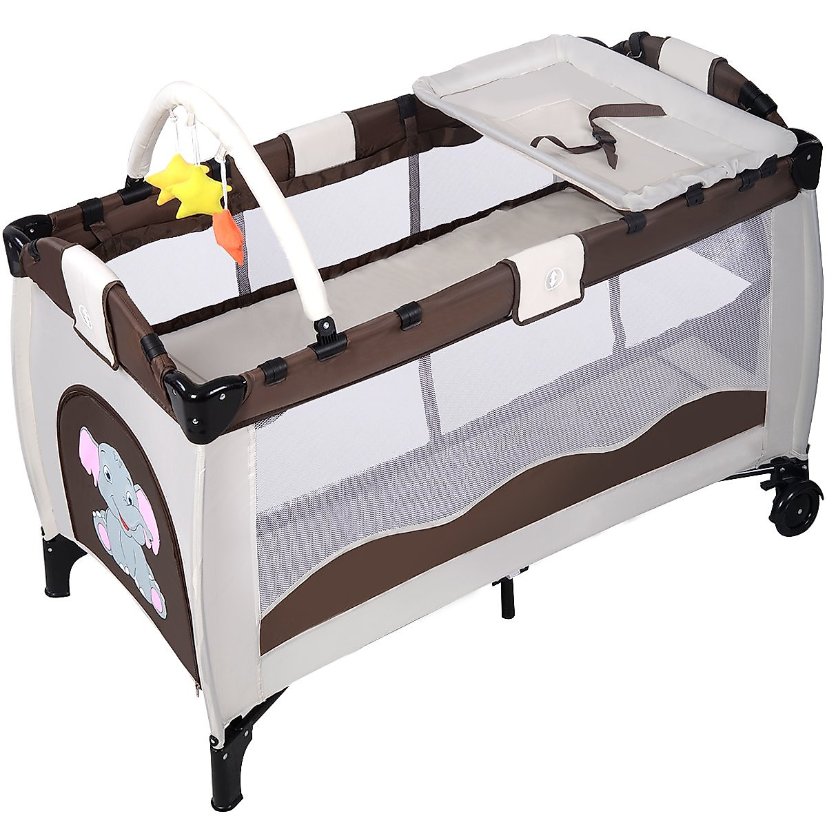 BABY JOY 3 in 1 Pack and Play, Portable Playard with Hanging Toys, 2 Lockable Wheels Diaper Changing Table, Foldable Travel Bassinet Bed (Coffee)