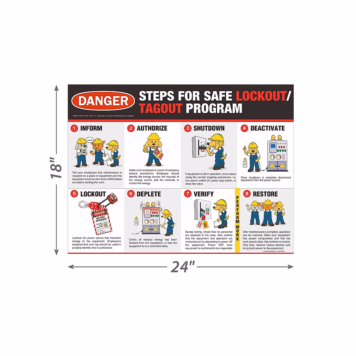 SmartSign 18 x 24 inch Funny Lockout/Tagout Safety Wall Sign/Poster 'Danger - Steps For Safe Lockout/Tagout Program' 14 mil Reinforced PVC Fabric, Adhesive Backing, Pebbled Texture, USA-Made