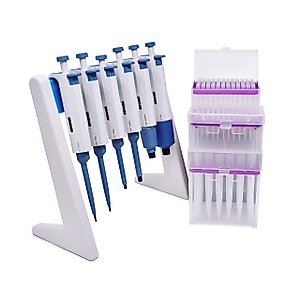 Complete 6 Micropipettes Kit 0.1μl to 10ml : 6 Pipettors (0.1-2.5μl, 0.5-10μl, 10-100μl, 100-1000μl, 1000-5000μl, 2-10ml); Pipette Stand; 5 Racks of Sterile Pipette Tips