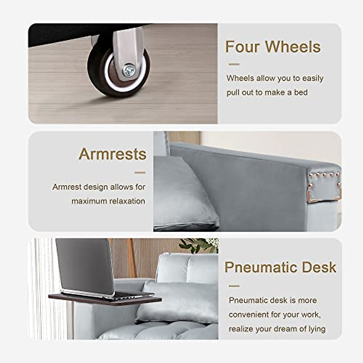 Convertible Sofa Bed, 3-in-1 Multi-Functional Velvet Sleeper Couch Pull-Out Bed, 48'' Loveseat Bed Chaise Lounge with Adjustable Backrest and Pillows, Hidden Side Table for Living Room, Small Space