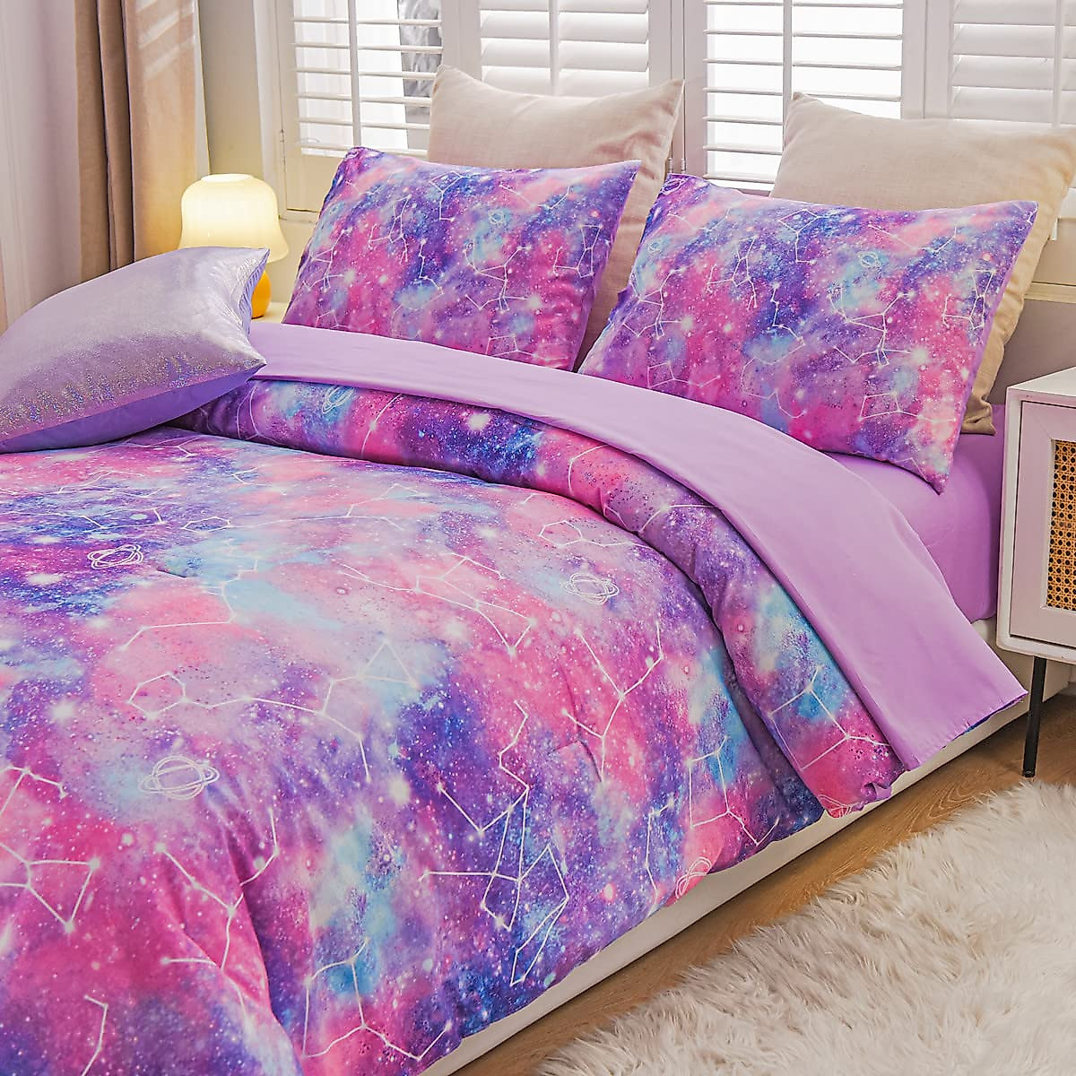 NTBED Galaxy Comforter Set Soft Microfiber Constellation Glitter Printing Bedding Sets for Teens Boys Girls Kids (Purple, Twin6pcs)
