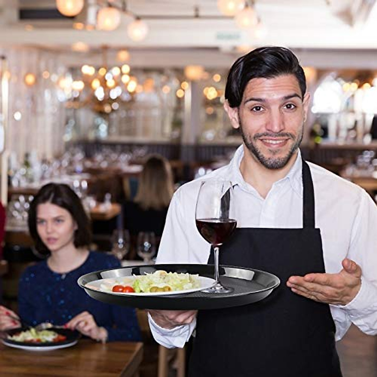 Obstnny Black Plastic Serving Tray, 13.5" Round Food Service Tray, 6 Packs