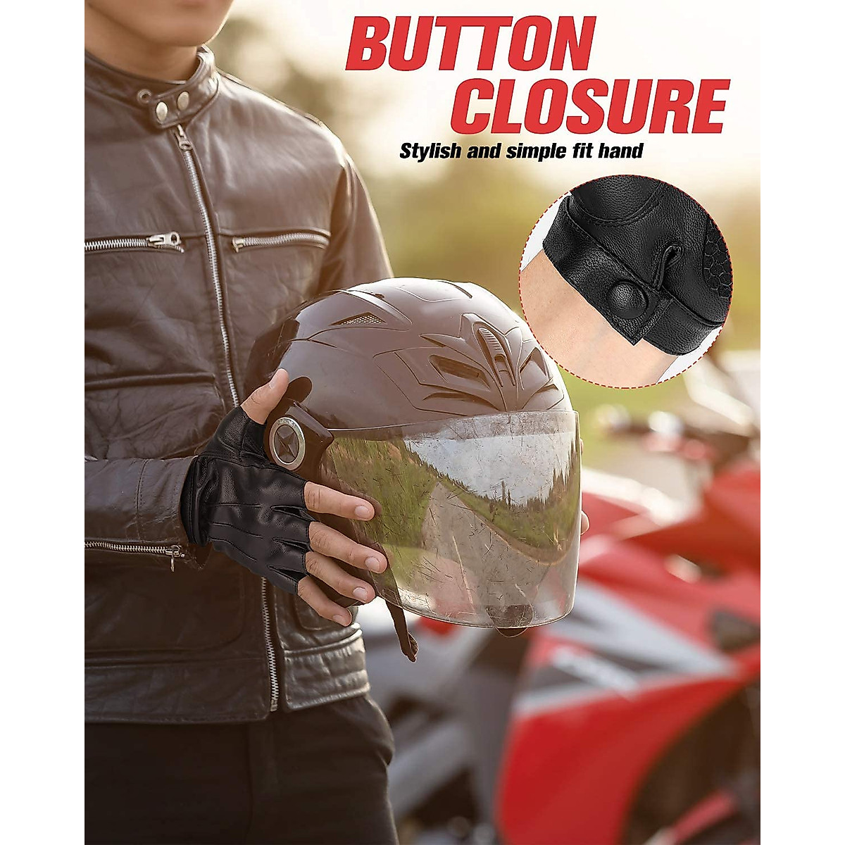 KEMIMOTO Fingerless Driving Gloves PU Faux Leather Outdoor Sport Half Finger Glove for Men Women Teens, Black, Medium