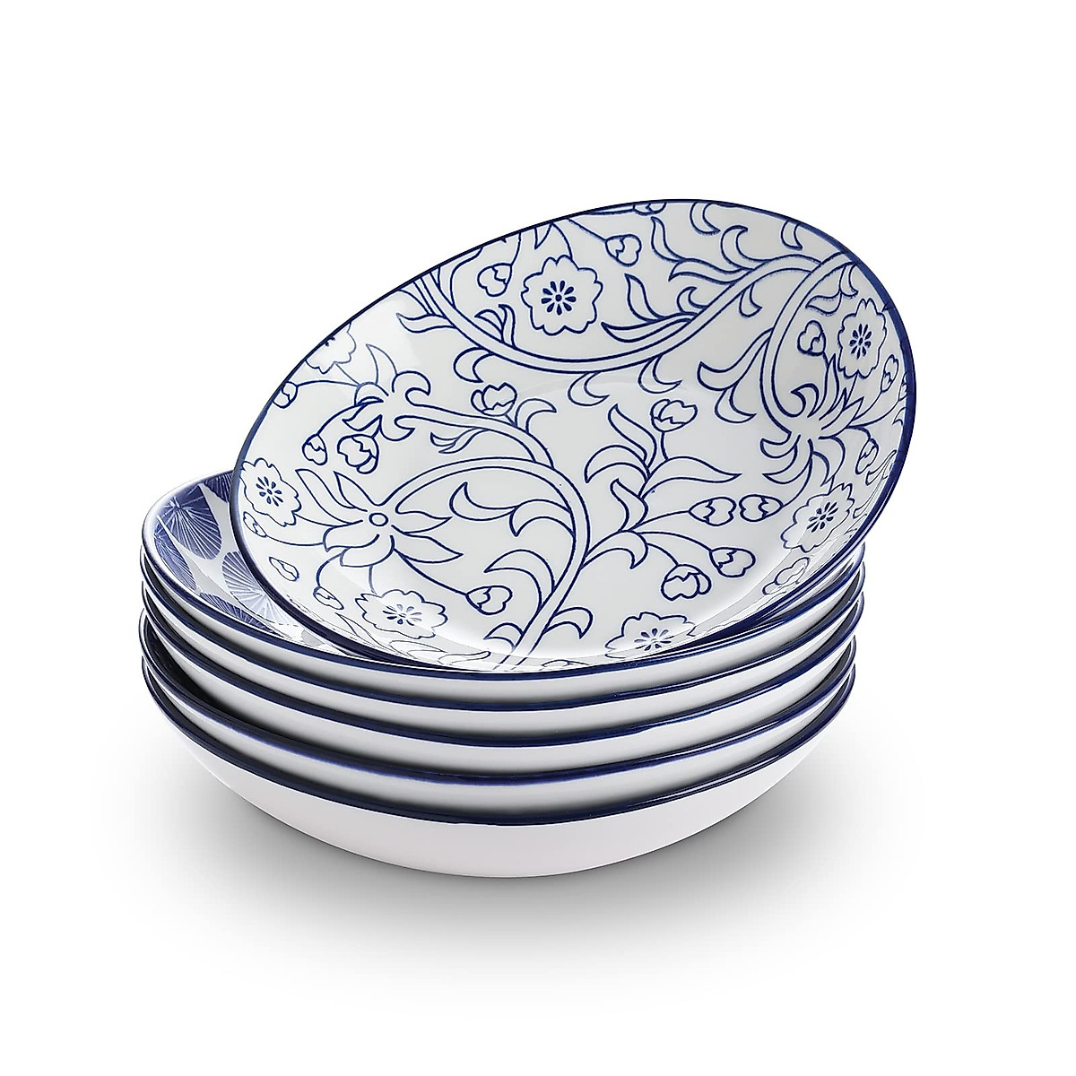 Selamica Porcelain 20oz Bowls Set Bundle with 8 inch Porcelain Pasta Bowls, Vintage Blue