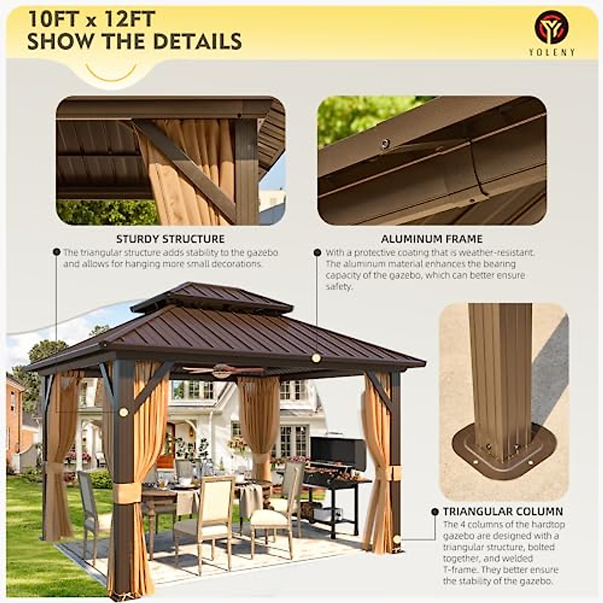 YOLENY 10' x 12' Gazebo, Hardtop Gazebo with Aluminum Frame, Double Galvanized Steel Roof, Curtains and Netting Included, Metal Gazebos Pergolas for Patios, Garden, Lawns, Parties