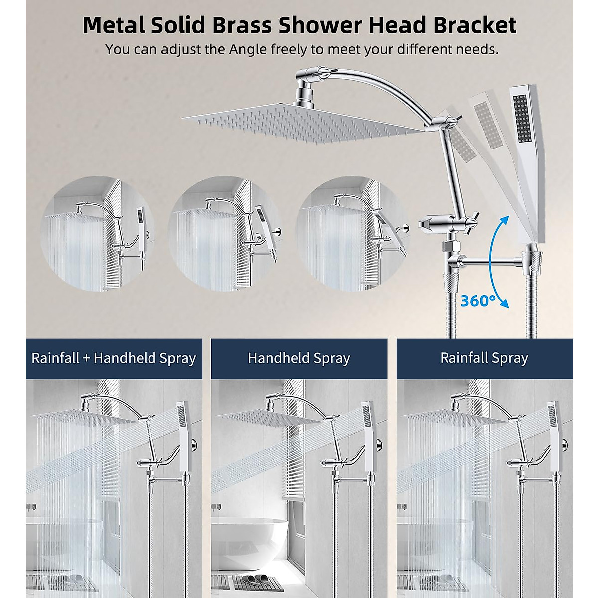 Hibbent All Metal 10'' Rainfall Shower Head, Square Shower Head Combo, High Pressure Handheld Shower Wand, 16'' Adjustable Arc-shaped Shower Extension Arm, 71'' Hose, 2 Showerhead Holders, Chrome