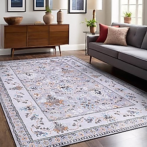 Lena Rug Floral Machine Washable Area Rug 5x7 for Living Room Bedroom Kitchen Dining Room Gray