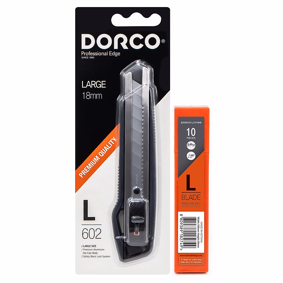 DORCO Professional L602 18mm Snap-Off Cutter Knife + Precision 18mm (11 Blades) - Premium Quality Die-Cast Body with Auto-Lock & Safety Block System