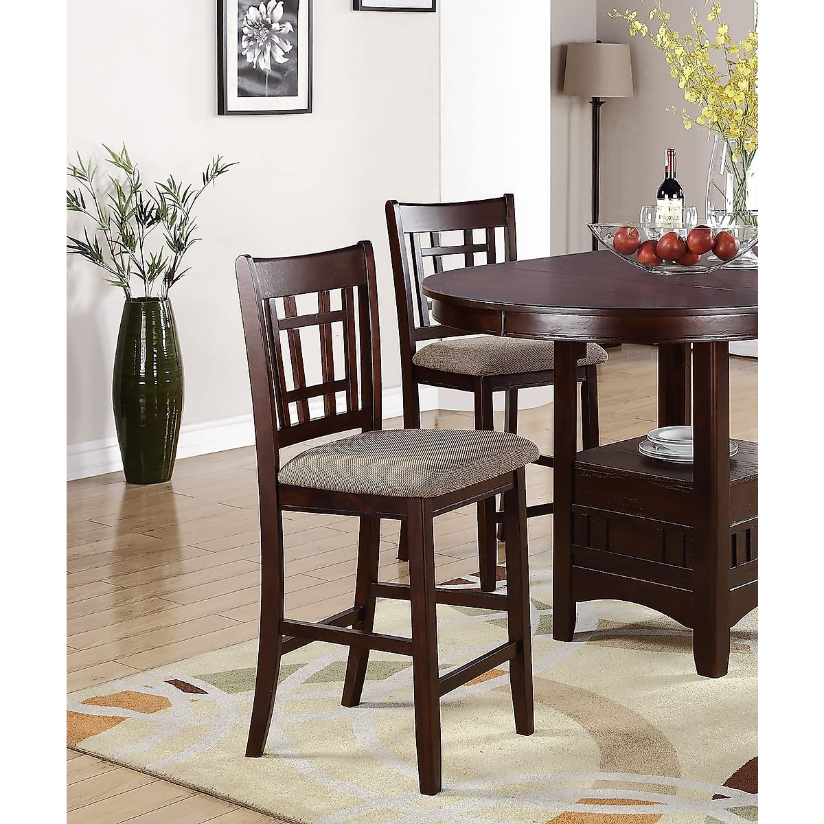 Gecheer Set of 2 Chairs Dining Room Furniture Brown Solid Wood Counter Height Chairs Upholstered Cushioned Unique Back