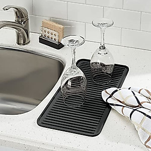 mDesign Silicone Dish Drying Mat - Protector for Kitchen Countertop, Sink - Ribbed Design, Raised Edges, Non-Slip, Waterproof, Heat Resistant, Dishwasher Safe, Small, Linelle Collection, Black