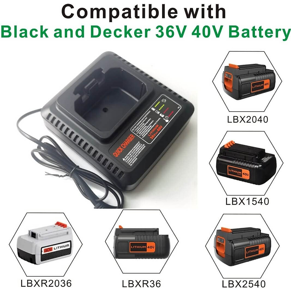 ANOITD 40V MAX Battery Fast Charger LCS40 Compatible with Black & Decker 36V 40V Max Lithium Battery LBX1540 LBX2540 LBX2040 LBXR2036 LBXR36 LBX2240 LBX36 LSW36 LST136 LHT2436