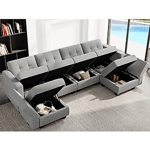 Belffin Modular U Shaped Sectional Sofa Couch with Reversible Chaises 6-seat Sectional Couch with Storage Seat Modular Sectional Set with Ottomans Light Grey