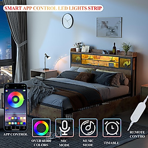 Gyfimoie Full Size Bed Frame with 4 Drawers & Headboard, Metal Frame with Power Outlet and LED Light, Easy Assembly, No Box Spring Needed, Ideal for 75" Mattress