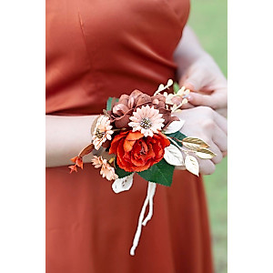 Ansofi Set of 6 Burnt Orange Wrist Corsages for Wedding, Corsage Bracelet Hand Flower for French Rustic Wedding Ceremony, Anniversary Prom Homecoming Formal Dinner Party