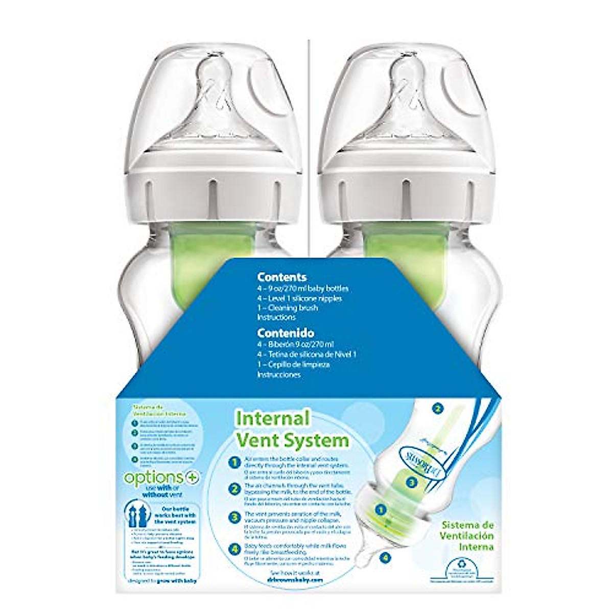 Dr. Brown’s Natural Flow® Anti-Colic Options+™ Wide Baby Bottles, 9 oz/270ml, with Level 1 Slow Flow Nipple, 4 Pack Good Morning/Good Night Gift Set