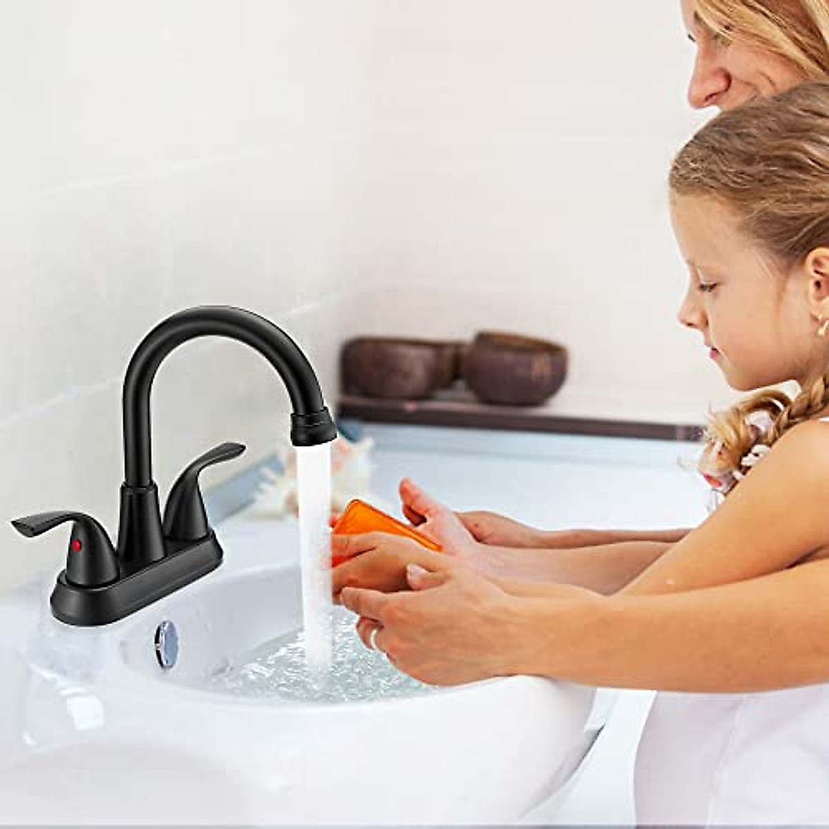 Bathroom Faucets, Faucet for Bathroom Sink 4 Inch 2 Handle Centerset, Bathroom Sink Faucet 3 Hole, Lead-Free, Matte Black Faucets for Bath Vanity Fixtures (Not Include Hot & Cold Water Lines)