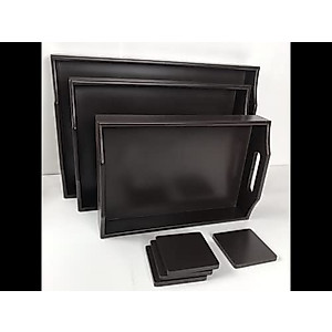 XL Wood Serving Tray Nested Set Of 3 w/4 Wood Coasters Wooden Coffee Table Food Eating on Bed Ottoman Tray Living Room Trays Decorative Storage Serving Butler Smoke Herb Rolling Nightstand Cheese Tray