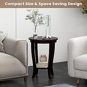 GOFLAME 2-Tier Round End Table, 18” Sofa Side Table with Storage Shelf, Floor Tea Table with Solid Wood Legs, Compact Nightstand for Small Space, Living Room, Bedroom, Espresso