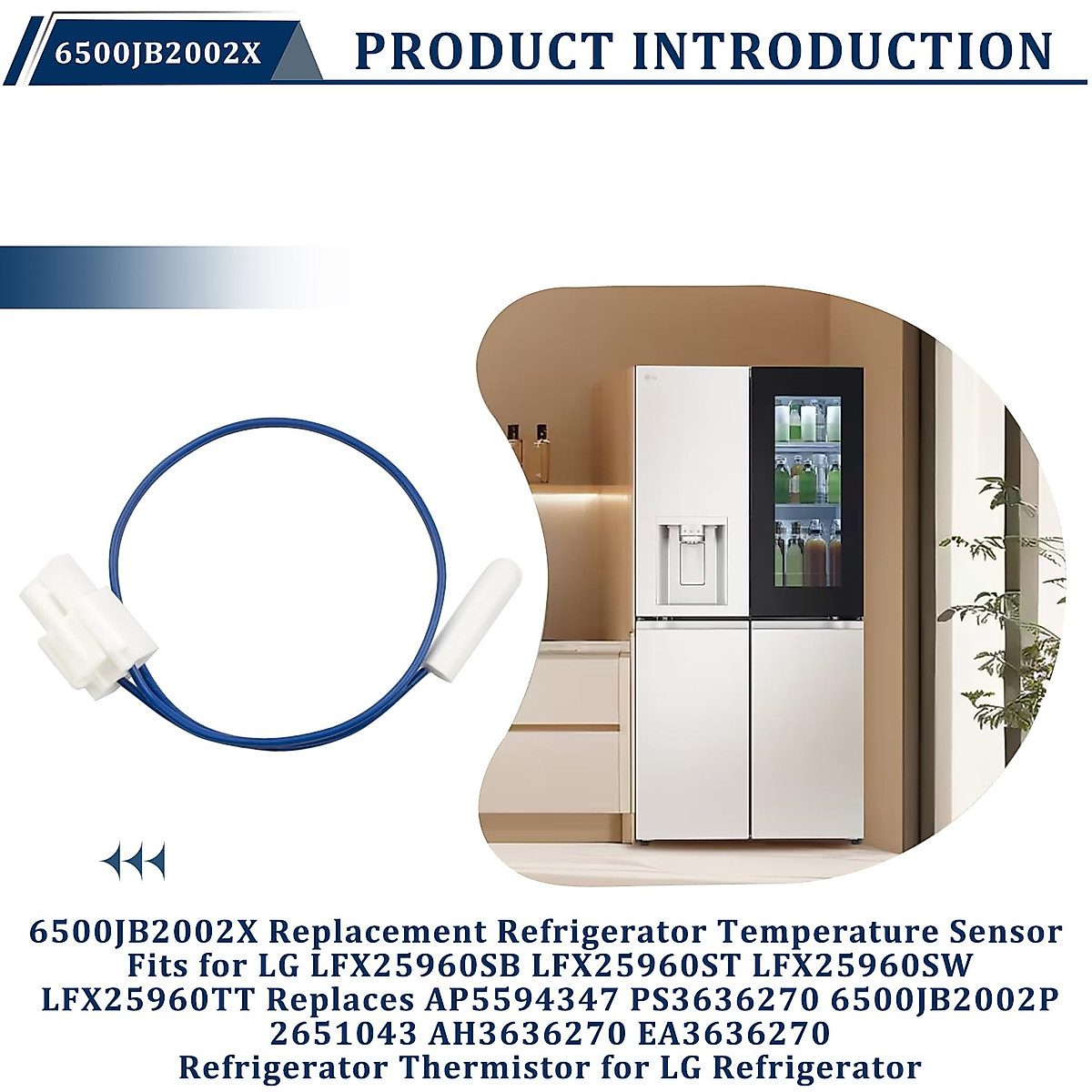 6500JB2002X Refrigerator Temperature Sensor Fits for LG, Replaces AP5594347 PS3636270 6500JB2002P 2651043 AH3636270 EA3636270, Refrigerator Thermistor for LG LFX25960SB LFX25960ST LFX25960SW