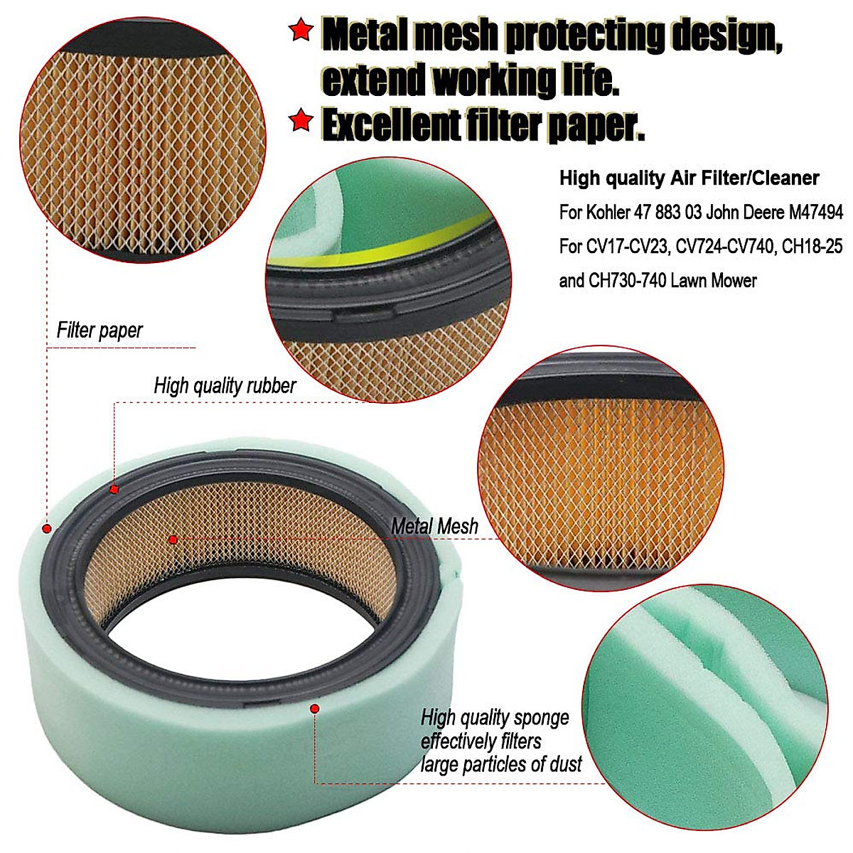 HIFROM Air Filter Cleaner 24 050 13-S Fuel Filter 15 Micron Compatible with Kohler 47 883 03 John Deere M47494 Lawn Mower Engine