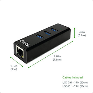 Plugable USB Hub with Ethernet, 3 Port USB 3.0 Bus Powered Hub with Gigabit Ethernet Compatible with Windows, MacBook, Linux, Chrome OS, Includes USB C and USB 3.0 Cables