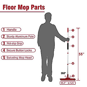 PANDA GRIP Microfiber Floor Mop with Scrubber and 1 Washable Reusable Pads Wet Dry Flat Mop with 360 Degree Swivel Head Dust Mops for Floor Cleaning for Hardwood Laminate Wood Tile