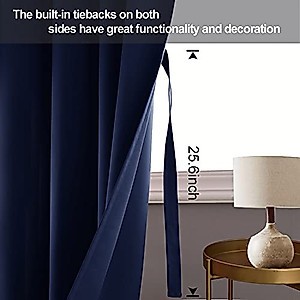 JIUZHEN Blackout Curtains with Tiebacks - Thermal Insulated, Light Blocking and Noise Reducing Grommet Curtain Drapes for Bedroom and Living Room, Set of 2 Panels, 42 x 63 Inch Length, Navy Blue