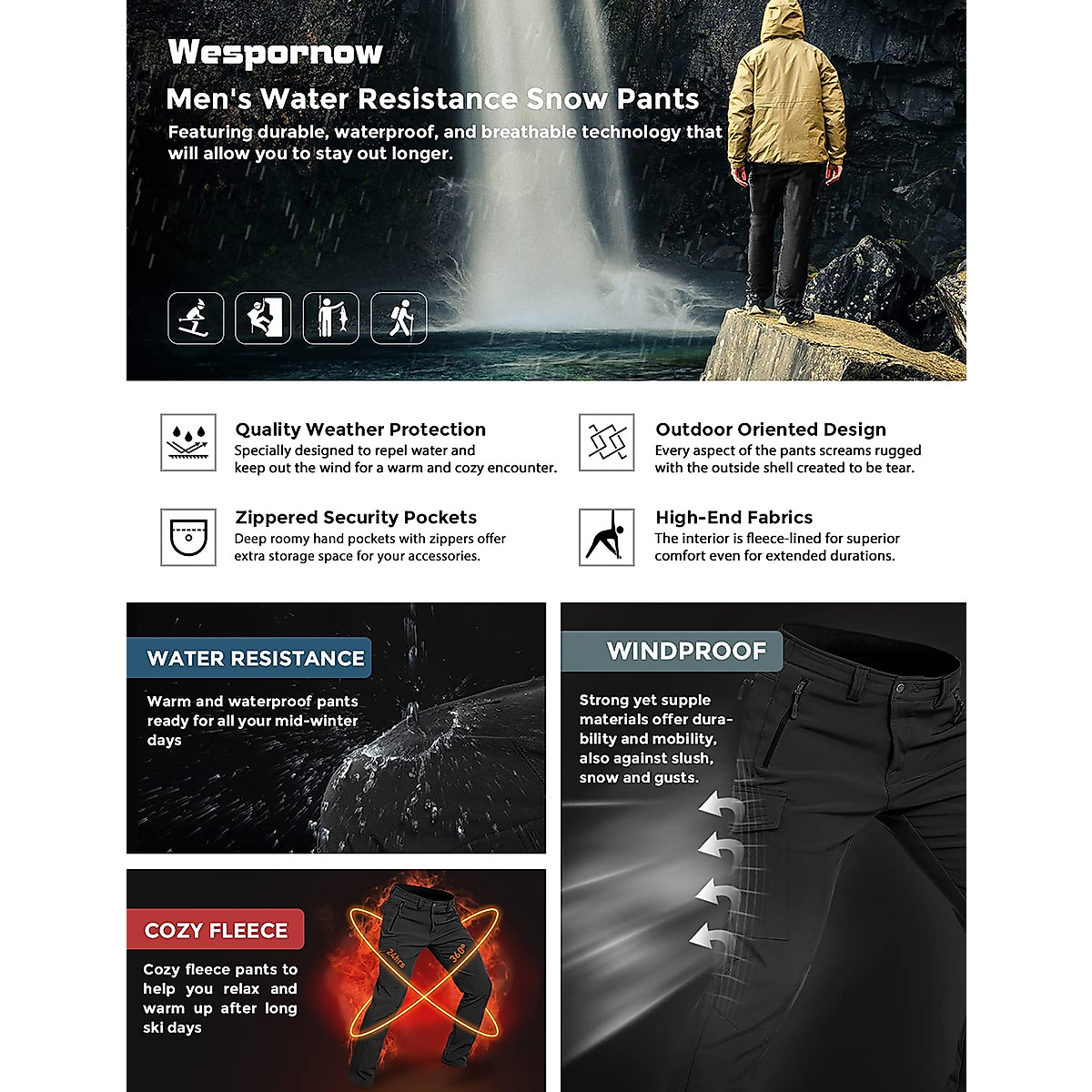 Wespornow Men's-Fleece-Lined-Hiking-Pants Water-Resistance-Snow-Ski-Pants Softshell Snowboarding Pants for Winter, Skiing, Outdoor (Black, XX-Large)