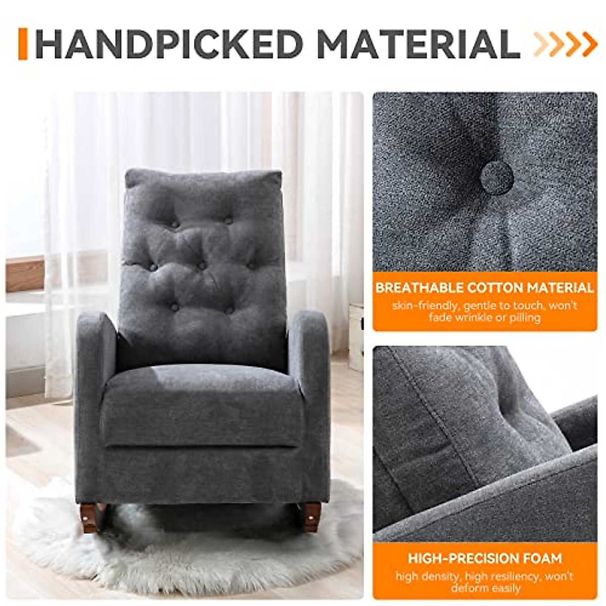 cinkehome Modern Accent Rocking Nursery Chair-Upholstered Rocker Glider Chair for Baby and Kids-Mid Century Tall Back Armchair with Solid Wood Legs-Living Room-Bedroom-Cotton Dark Gray