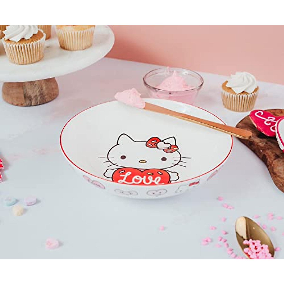 Toynk Sanrio Hello Kitty Love 9-Inch Ceramic Coupe Large Dinner Bowl For Serving Pasta, Salad, Cereal