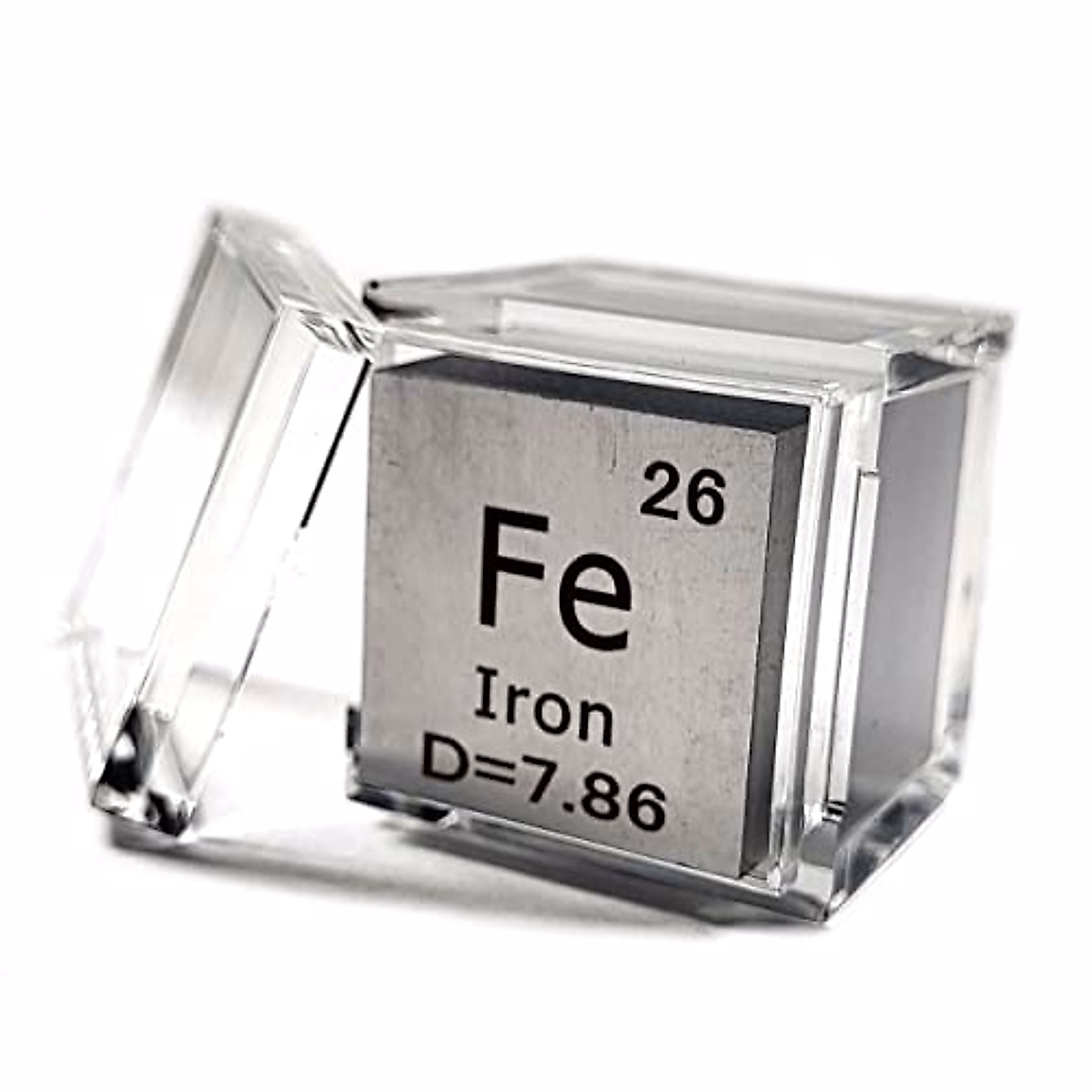HQRP-Crystal 1" 25.4mm Iron Ferrum Metal Cube Fe up to 99.9% Pure Periodic Table Element Engraved Density Collection Science Education Display Block Cube + Acrylic Case Box - 1PC