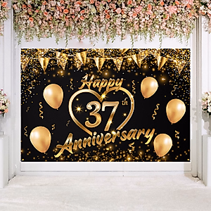 Happy 66th Anniversary Backdrop Banner Decor Black Gold – Glitter Love Heart Happy 66 Years Wedding Anniversary Party Theme Decorations for Women Men Supplies