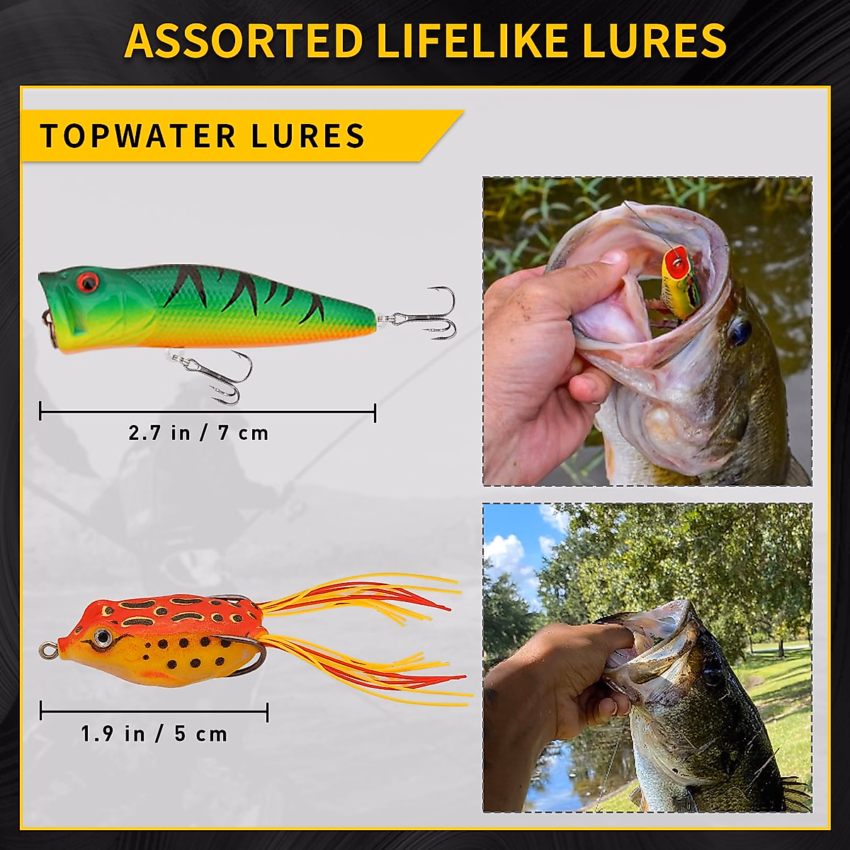 GOTOUR Fishing Lures Accessories Kit with Tackle Box, Fishing Hooks Minnow Crankbait Frog Popper Lure Worm Fishing Spoon Spinner Bait for Bass Crappie, Fishing Gear Freshwater Equipment Gifts for Men