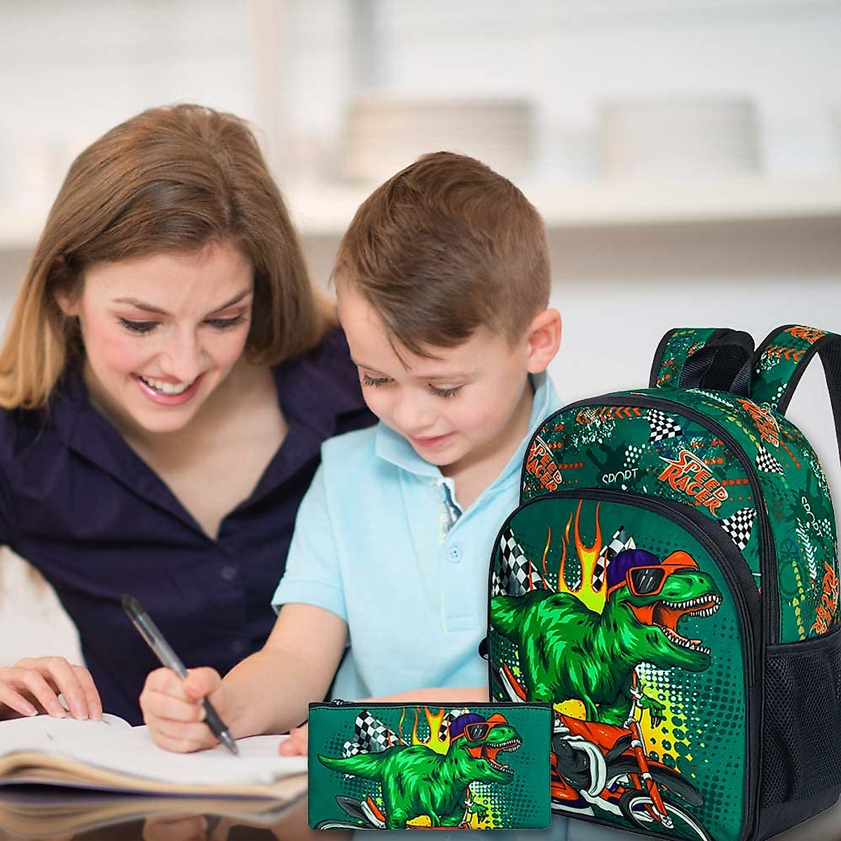 KLFVB 3PCS Boys Backpack, 16" Dinosaur Kids Bookbag and Lunch Box, Preschool Backpacks for Elementary Students