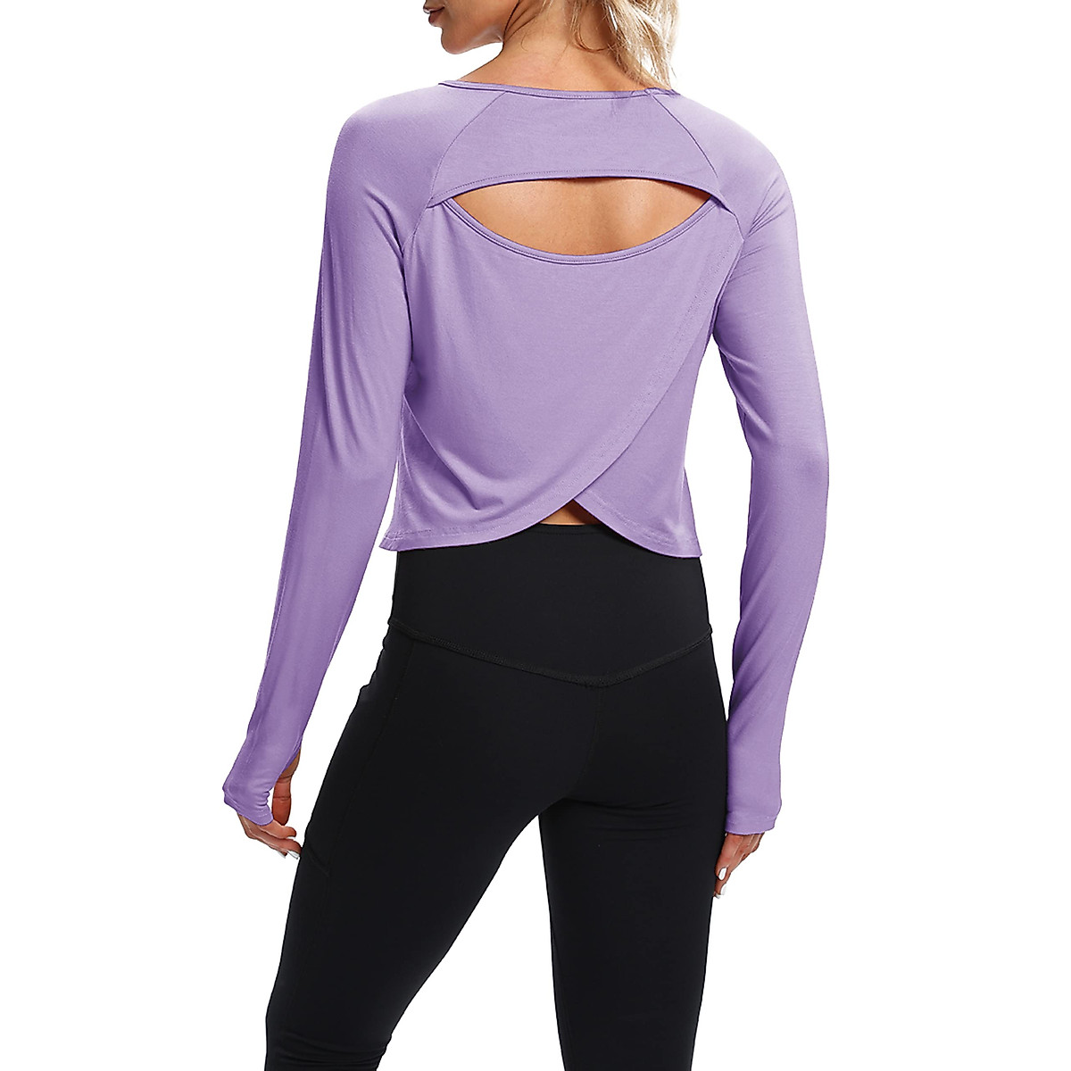Bestisun Women Athletic Workout Dry Fit Long Sleeve Open Back Workout Shirts Yoga Top Gym Shirt Cropped Sweaters Light Purple M