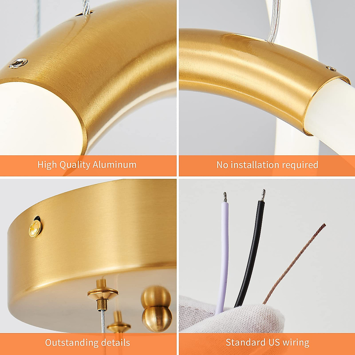 PENACINY Modern LED Pendant Light Fixtures, 22W Adjustable 2 Ring Gold Pendant Lighting,Circular Hanging Chandelier for Kitchen Island Dining Room Bedroom Entryway Hallway,D11.8+D 9.8" 4000K