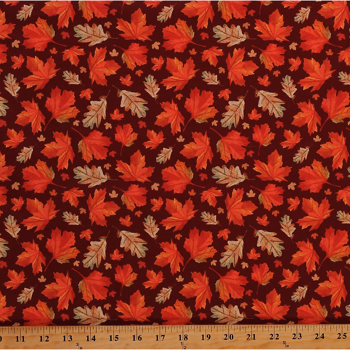 Fields Cotton Seasonal Fall Leaves Autumn Pumpkins Thanksgiving Multicolor Cotton Fabric Print by The Yard (D509.33), Burgundy, 44 inch