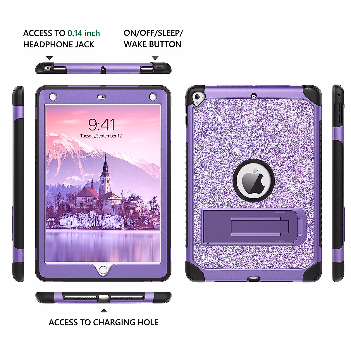 DUEDUE for iPad 9.7 Case 2017/2018, iPad Air 2 Case, iPad 6th/5th Generation Case with Kickstand Glitter Bling 3 in 1 Heavy Duty Hard PC Cover Shockproof Protective Case for iPad Pro 9.7, Purple