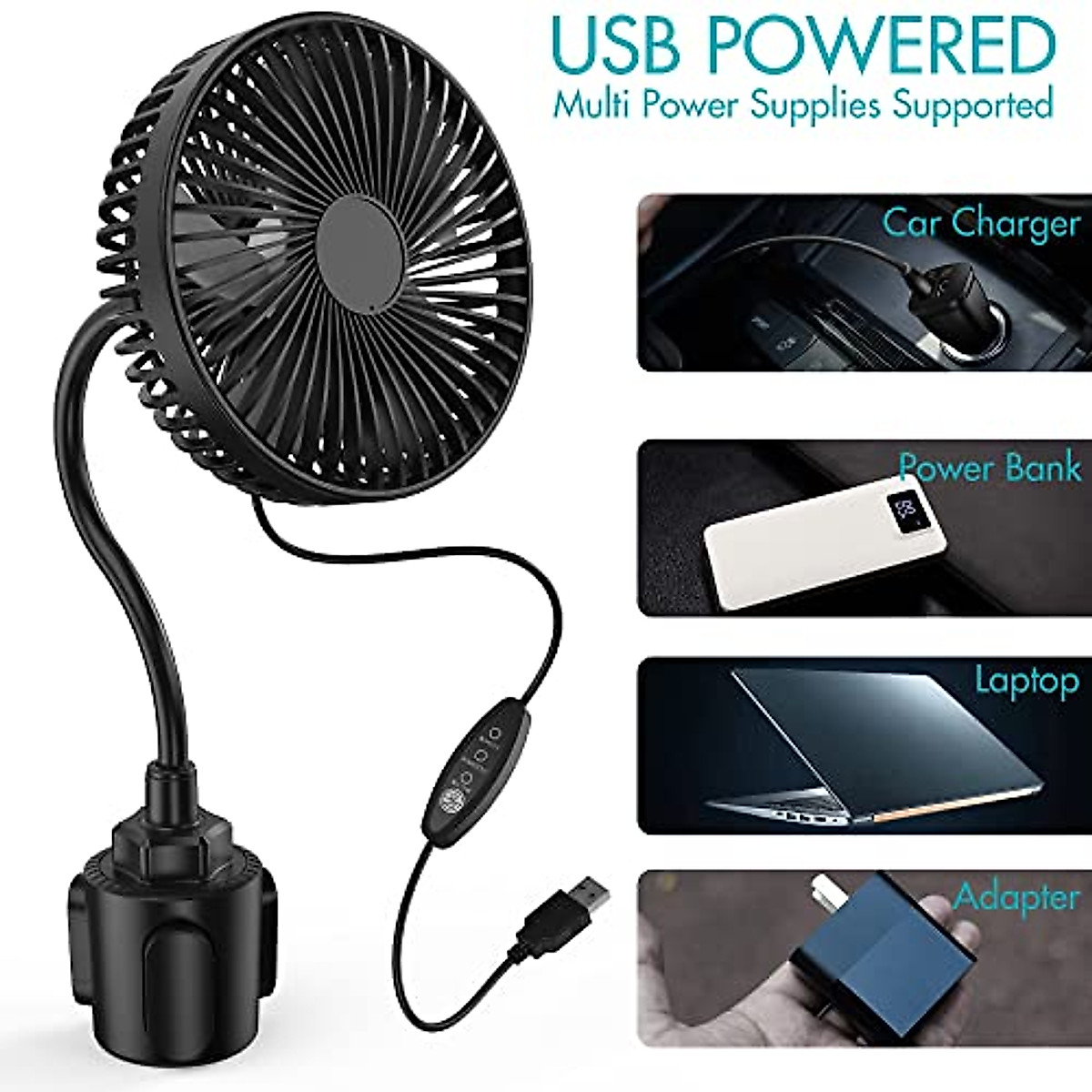 2022 Patent Design Car Fan, USB Powered 6" Electric Car Cooling Fan, 3 Speeds Strong Airflow, Adjustable Base, 360° Rotation Air Circulation Fan with Flexible Gooseneck for Car Van Truck SUV RV Sedan