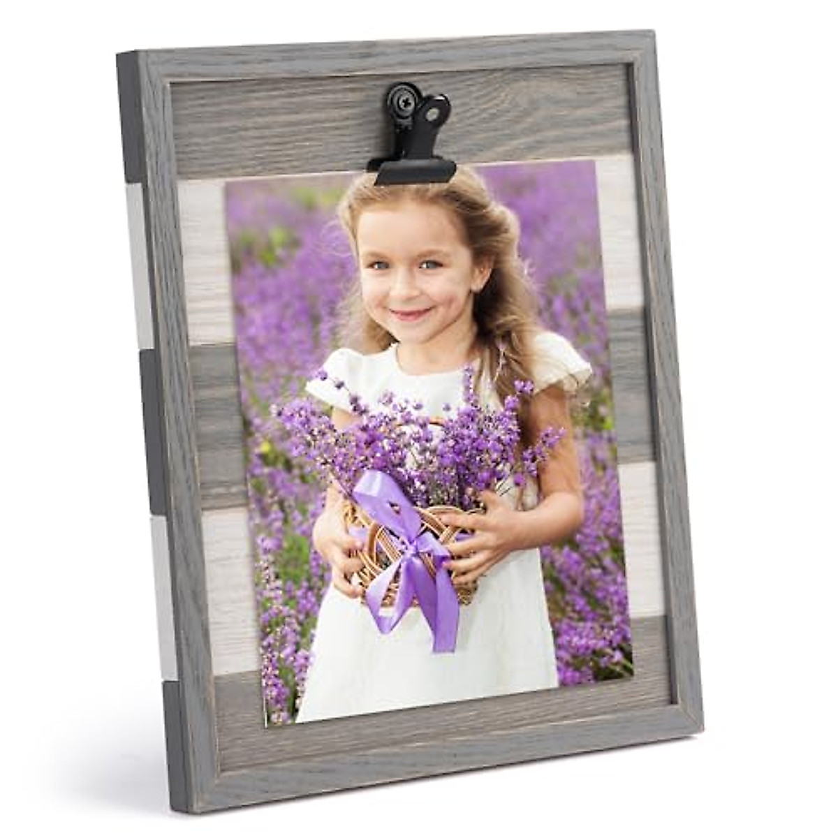 PETAFLOP Wooden Clip Picture Frame 5x7 Rustic, Handmade Farmhouse 5 by 7 Frame, Home Gallery Tabletop Decor for Display Photo Memo Artwork, Distressed White and Gray Strips