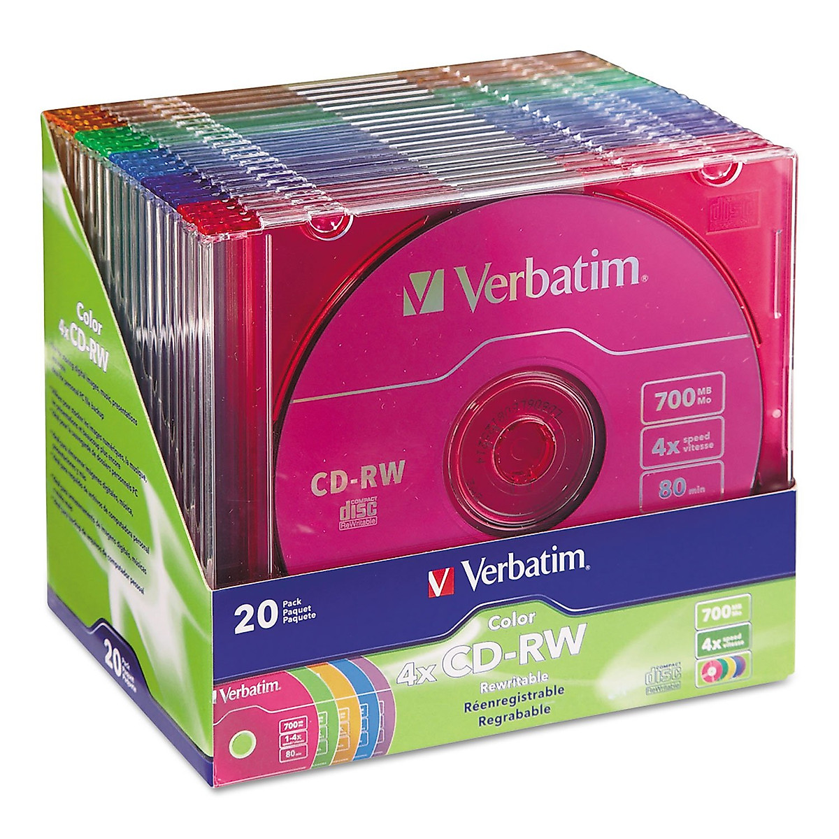 Verbatim CD-RW Disc Spindle, Assorted Colors, Pack of 20